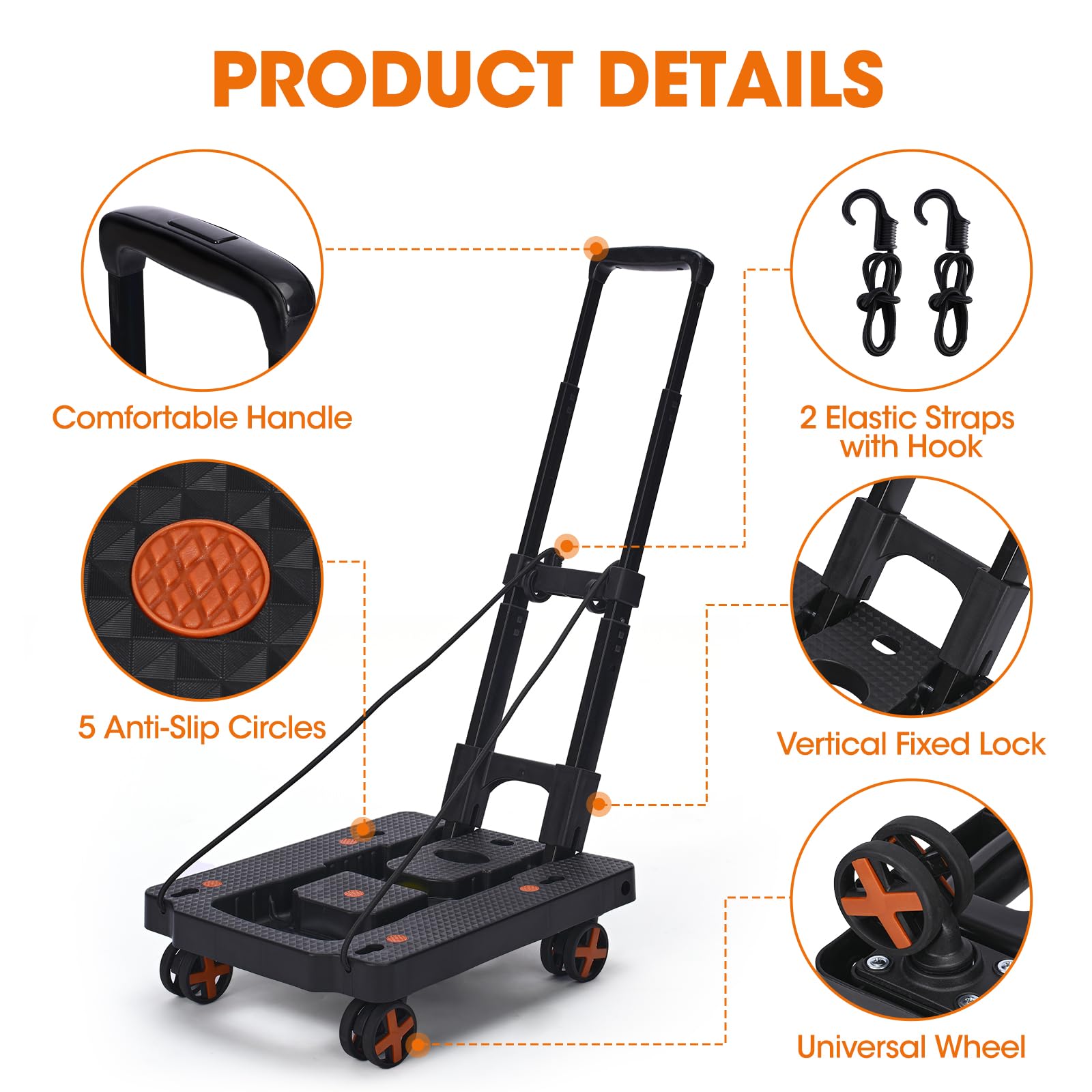 Folding Hand Truck, 100LBS Foldable Hand Truck Dolly, Adjustable Portable Luggage Cart with 4 Wheels, Utility Cart Collapsible Hand Truck & 2 Elastic Ropes for Luggage, Travel, Moving, Shopping