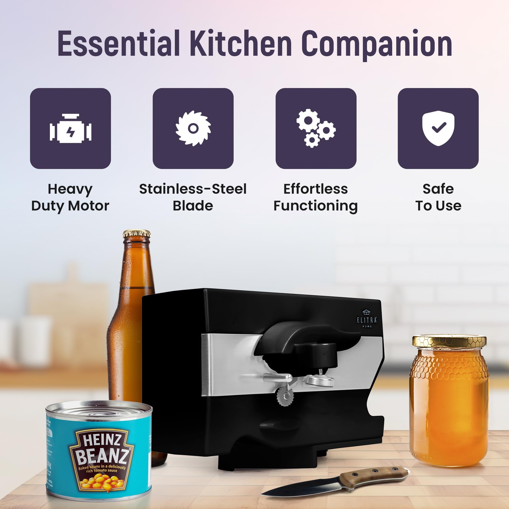 Electric Can Opener - 4 in 1 Under the Cabinet Mounted Can Opener, Blade Sharpener, Bottle Opener, Jar Opener, Mounting Bracket, Large or Small Cans for Seniors with Arthritis - Elitra Home (Black)