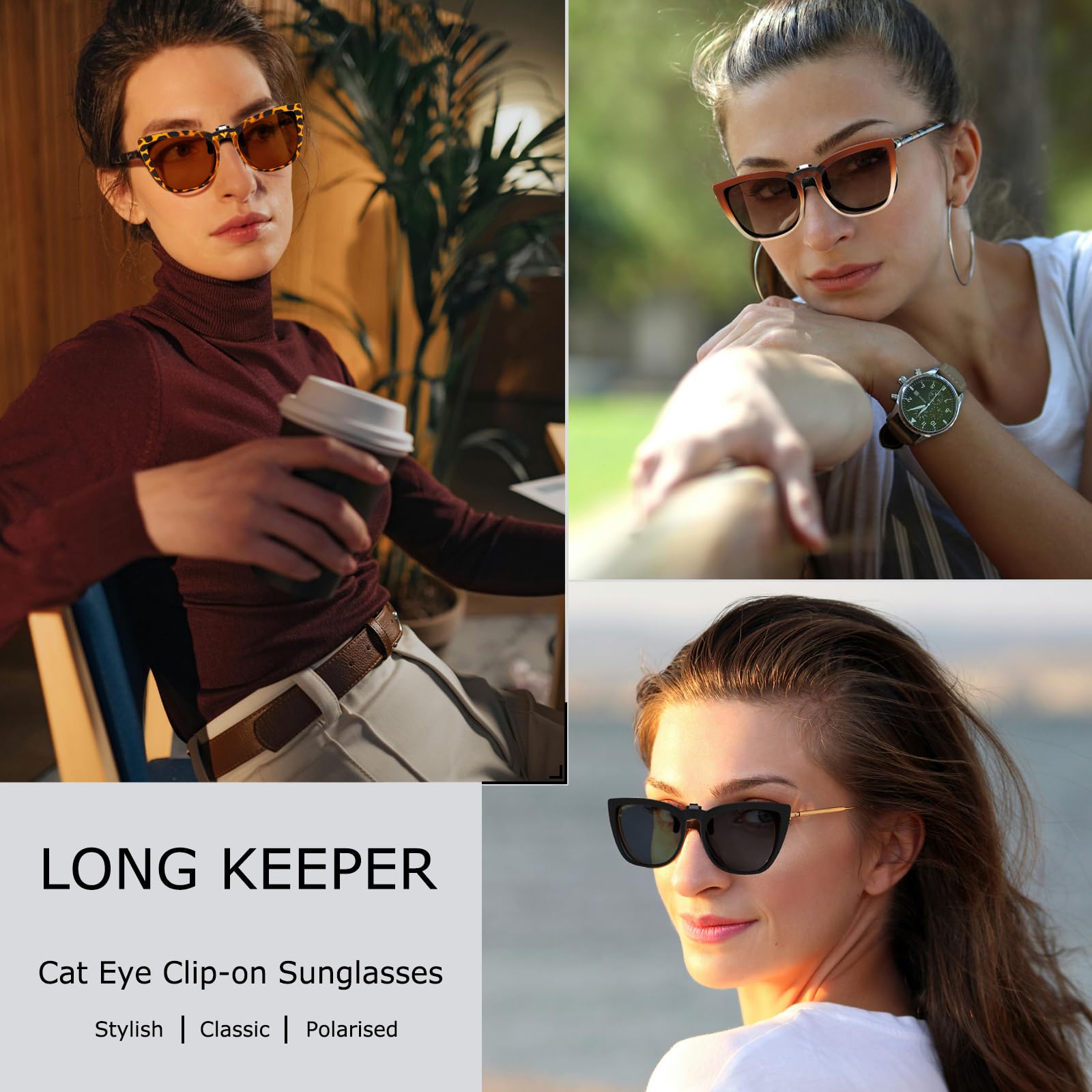 Long Keeper Polarized Clip on Sunglasses Over Prescription Women Men with UV Protection Clip on Cat Eyeglasses