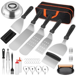 fjzoys griddle accessories kit, 29 pcs flat top grill accessories set for blackstone and camp chef, metal grill spatula set with basting cover, burger press, tongs, carry bag for outdoor grilling bbq