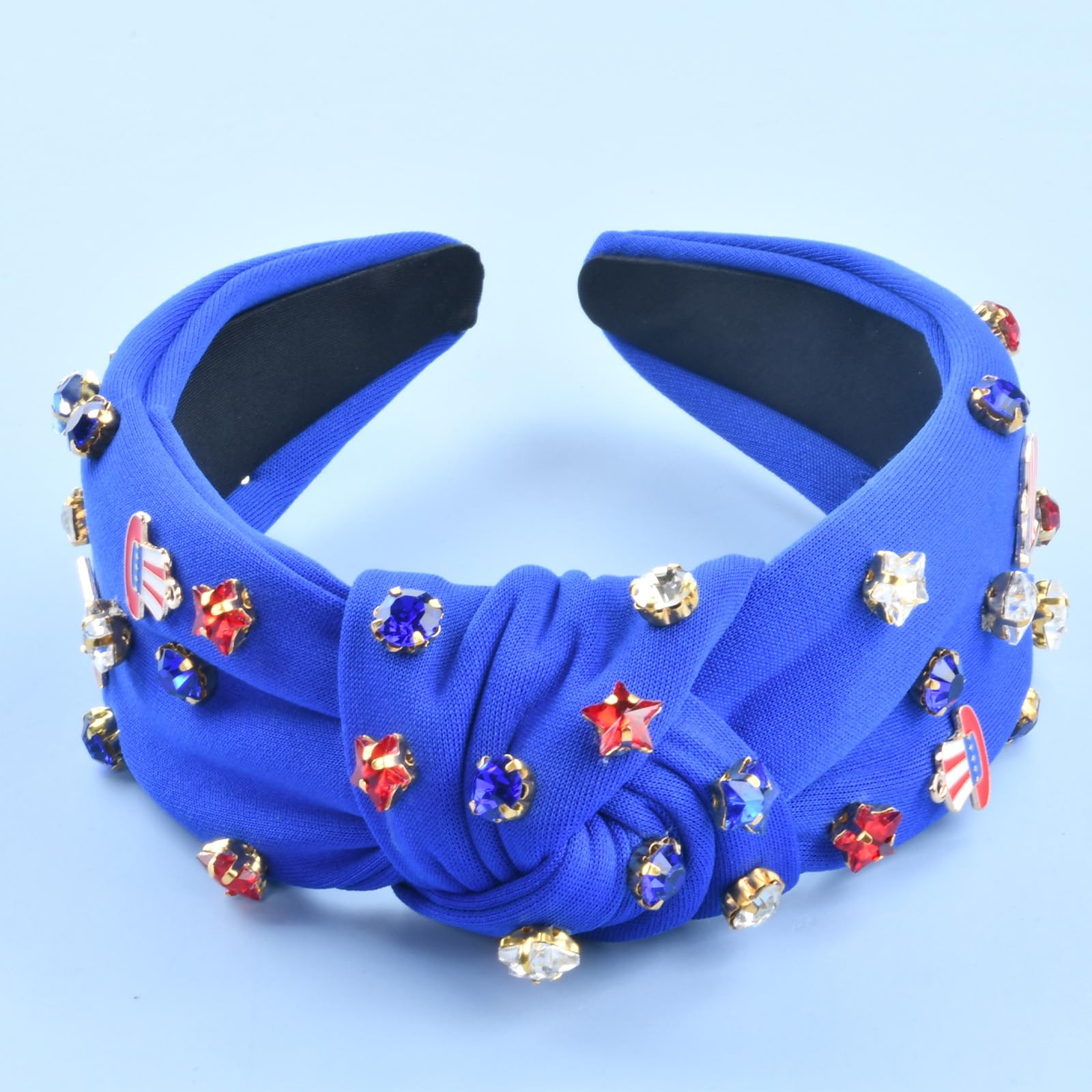 ABONDEVER Patriotic Rhinestone Knotted Headband Headbands for Women Crystal Wide American Flag Top Knot Headband 4th of July Independence Day Hair Accessories Holiday Gifts(Blue-Star)