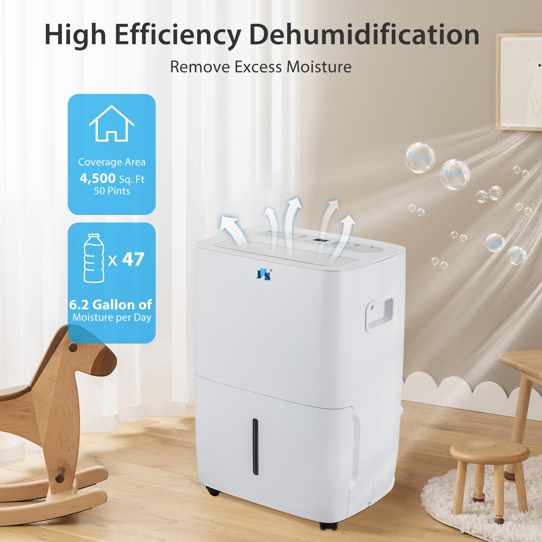 JHS 50 Pints Dehumidifier for Spaces up to 4,500 sq. ft at Home with Drain Hose, Reusable Air Filter, and 2.1 Gal Water Bucket, Perfect for Bedrooms Bathrooms Basements