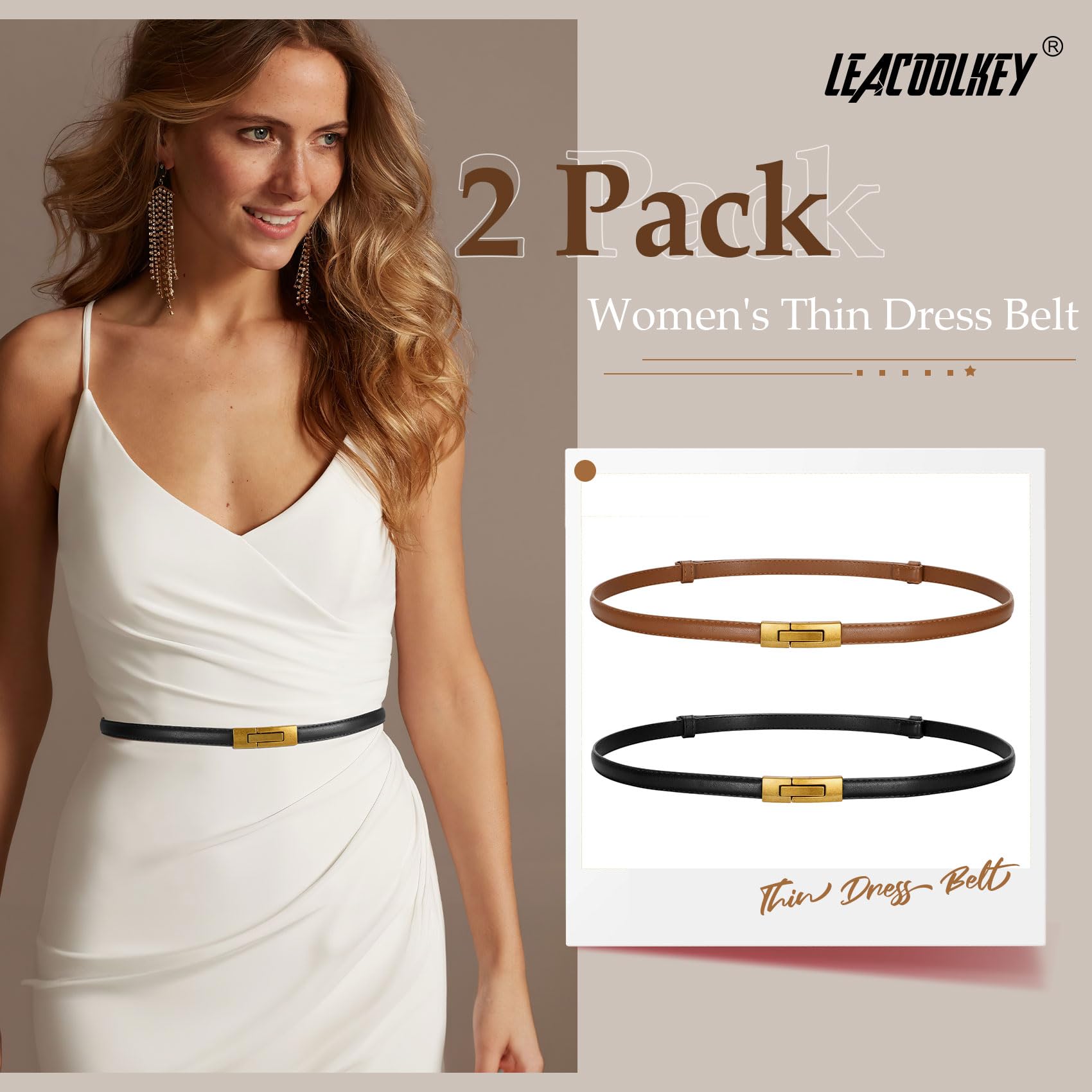 LEACOOLKEY 2 Pack Women Skinny Leather Belts Ladies Vintage Gold Buckle Thin Waist Belts for Dresses Black+Brown