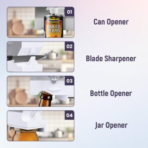 Electric Can Opener - 4 in 1 Under the Cabinet Mounted Can Opener, Blade Sharpener, Bottle Opener, Jar Opener, Mounting Bracket, Large or Small Cans for Seniors with Arthritis - Elitra Home (White)