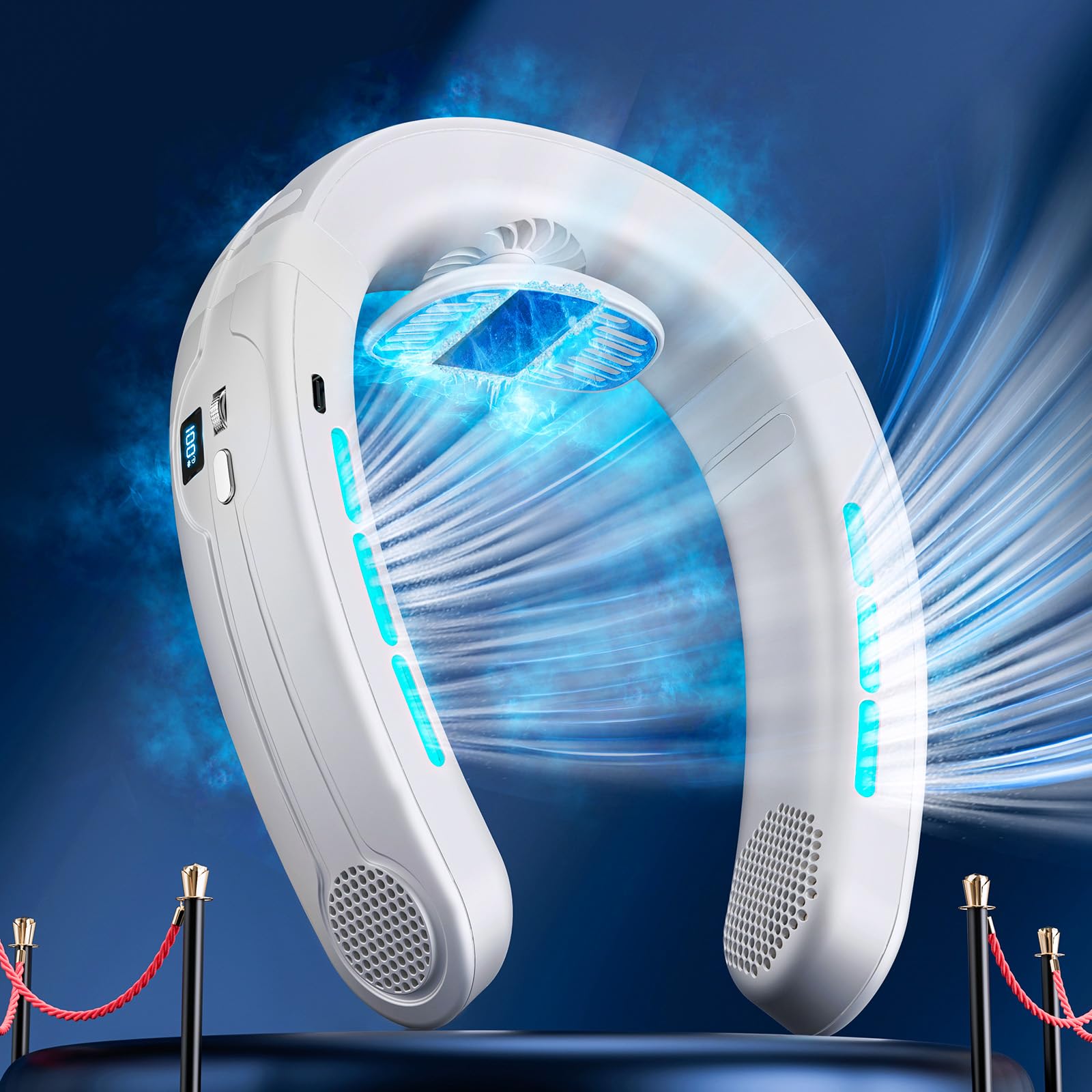 aanotoee Neck Air Conditioner Pro, 100 Speeds Neck Fan Rechargeable, LED Display Cooling Neck Fan, 4000mAh Portable Neck Fan Air Conditioner with 3D Ice Feeling Breathable Neck Brace(White)