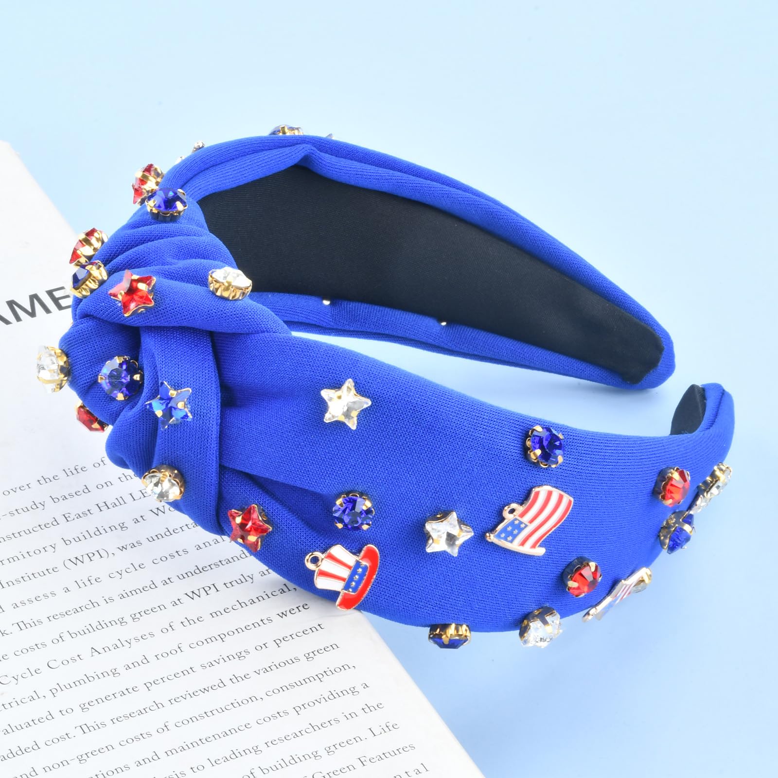 ABONDEVER Patriotic Rhinestone Knotted Headband Headbands for Women Crystal Wide American Flag Top Knot Headband 4th of July Independence Day Hair Accessories Holiday Gifts(Blue-Star)