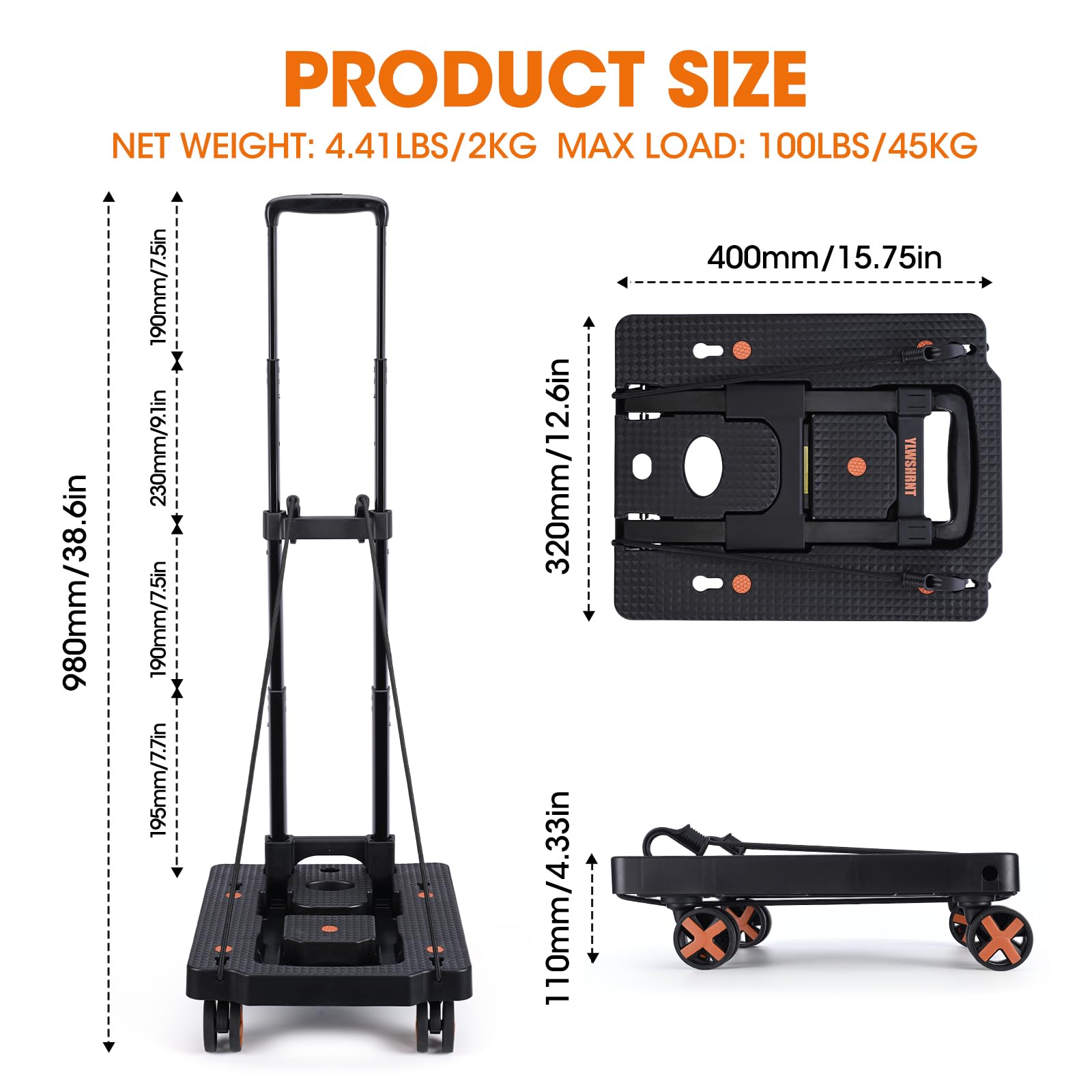 Folding Hand Truck, 100LBS Foldable Hand Truck Dolly, Adjustable Portable Luggage Cart with 4 Wheels, Utility Cart Collapsible Hand Truck & 2 Elastic Ropes for Luggage, Travel, Moving, Shopping