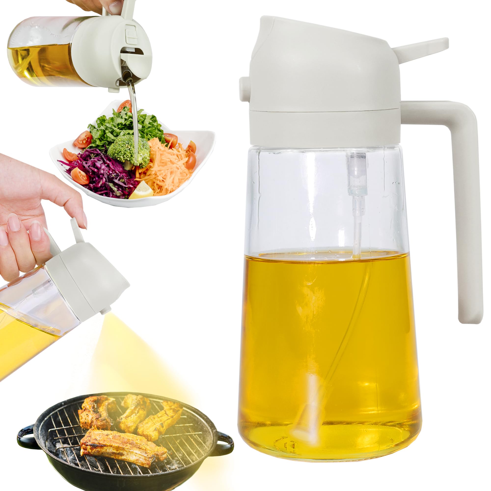 HHSarioneiro Oil Dispenser for Kitchen, 2 in 1 Olive Oil Dispenser and Oil Sprayer for Cooking, 16.5oz/470ml Premium Glass Oil Bottle, Food-grade Oil Mister for Air Fryer, Frying, Salad, BBQ(Beige)