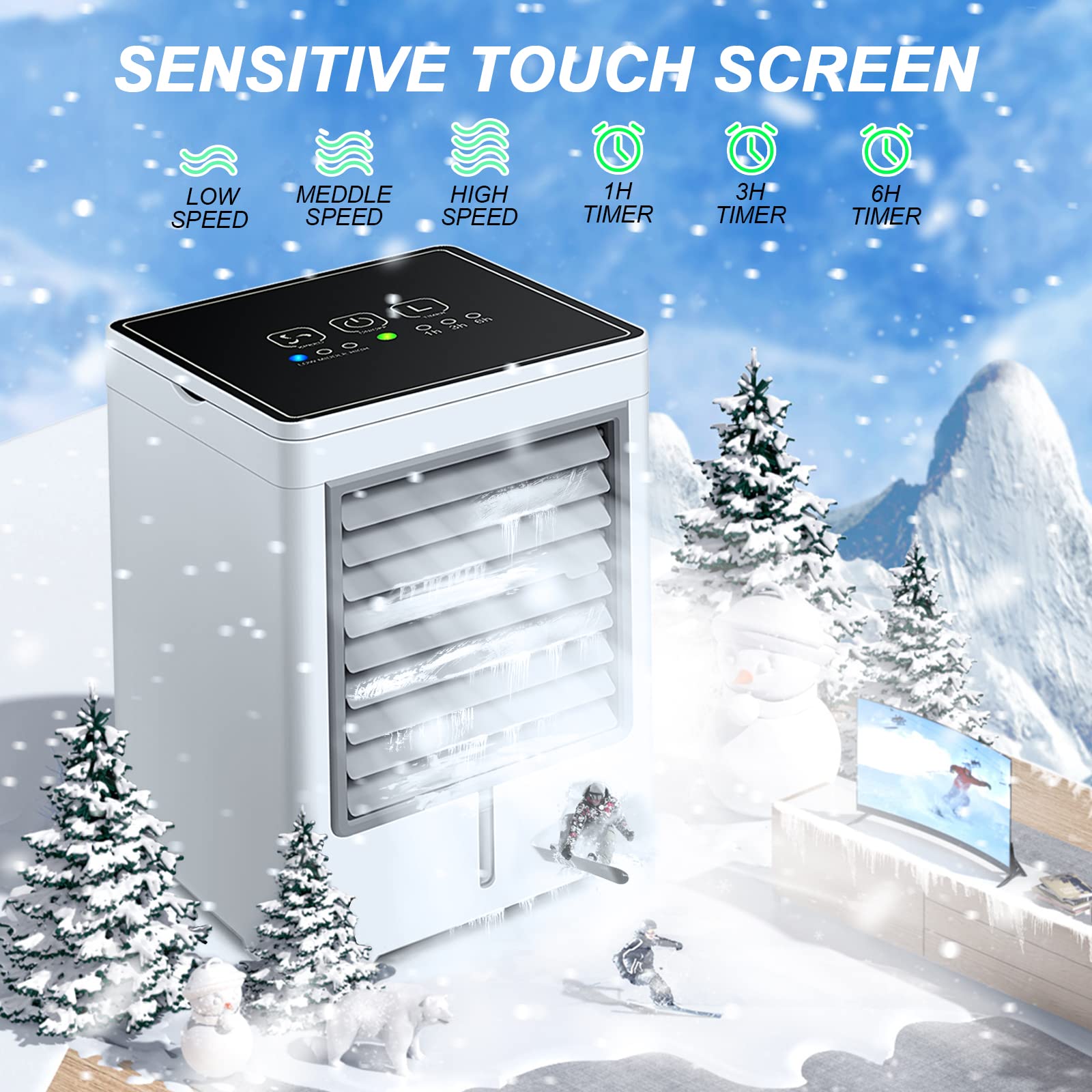 Portable Air Conditioners, Personal Evaporative Air Cooler with 3 Wind Speeds Touch Screen Mini Air Conditioner, Portable Ac Unit Fan with 1-6H Timer for Room, Desk, Tent, Bedroom, Car, RV and Camping