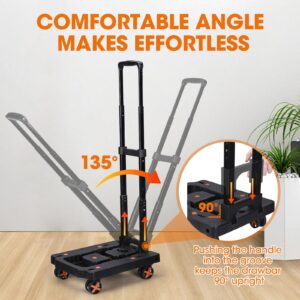 Folding Hand Truck, 100LBS Foldable Hand Truck Dolly, Adjustable Portable Luggage Cart with 4 Wheels, Utility Cart Collapsible Hand Truck & 2 Elastic Ropes for Luggage, Travel, Moving, Shopping