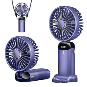 portable handheld fan, type-c rechargeable, 4000mah battery operated fan with led display, 90° foldable , 5 speed wind,handheld/neck/desk 3 in 1 personal small fan, makeup fan for women (purple)