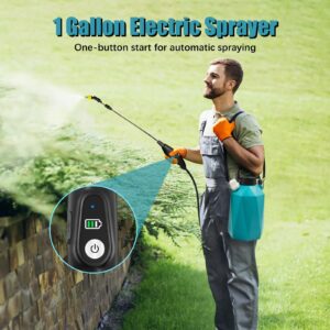 Battery Powered Garden Sprayer, Electric Pump Sprayer 1 Gallon with 3 Nozzles, USB Rechargeable Handle, Telescopic Wand, Portable Water Sprayer with Adjustable Shoulder Strap for Lawn and Garden