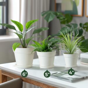 T4U 4 Inch Plant Pots 8-Pack - Small Plastic Planter with Drainage Hole and Saucer, Decorative Nursery Pot Bulk for African Violet, Snake Plant, Succulent and All House Plants Indoor (White)