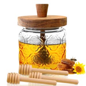 glass honey dispenser no drip with 3 wooden dippers, 18 oz oversize glass honey jar with lid and engraved wooden honey trowel-jar set honey pot/containers with wooden honey dipper thank you gift