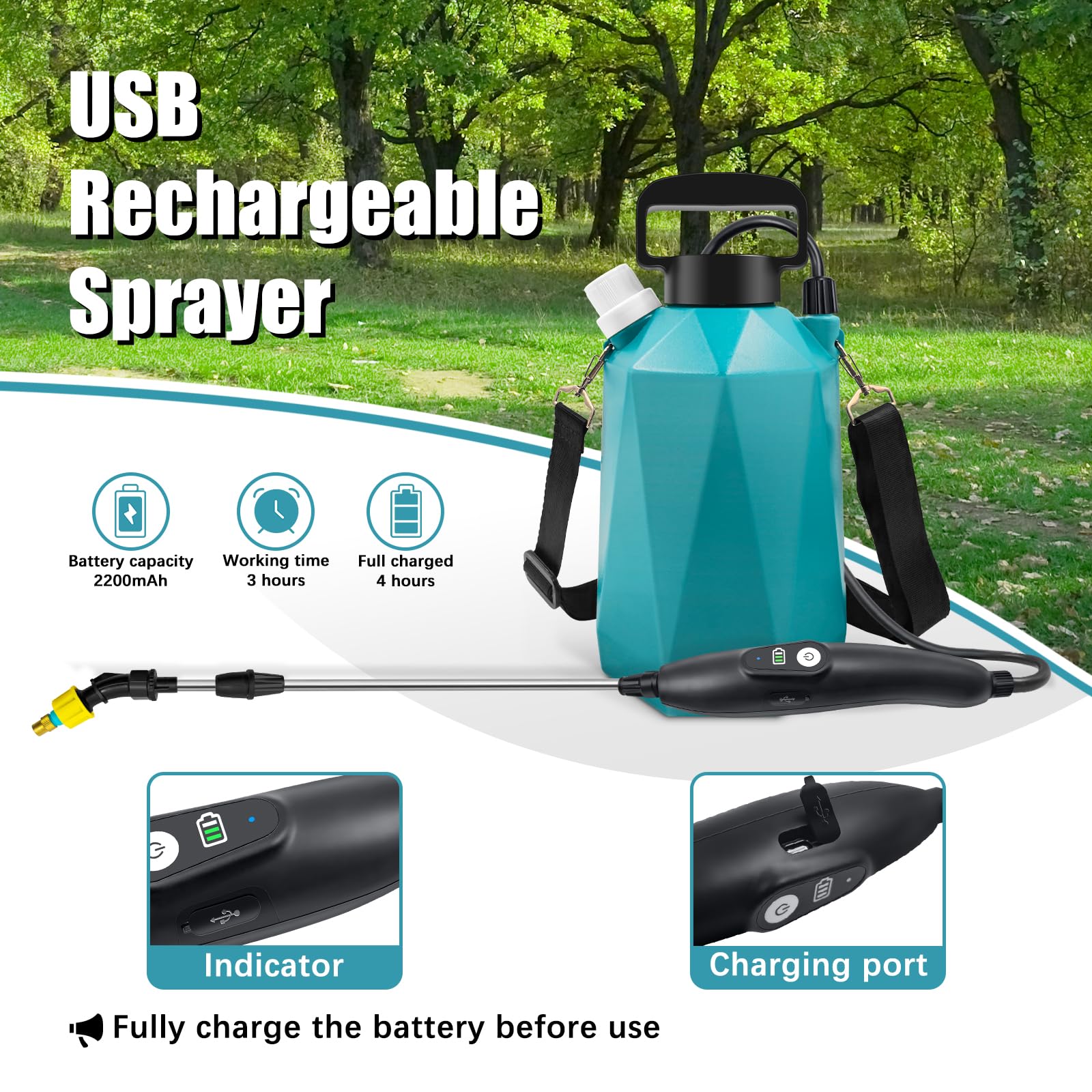 Battery Powered Garden Sprayer, Electric Pump Sprayer 1 Gallon with 3 Nozzles, USB Rechargeable Handle, Telescopic Wand, Portable Water Sprayer with Adjustable Shoulder Strap for Lawn and Garden