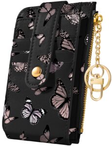 bistup credit card holder wallet for women - cute small for ladies teen girls female rfid butterfly black leather cardholder wallets organizer purse girly aesthetic print unique zipper