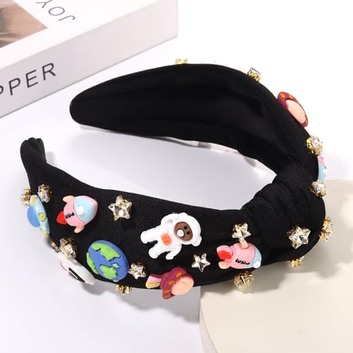 mokkia Space Astronaut Headbands for Women Saturn Planet Rocket Spaceman Headband Jeweled Rhinestone Star Knotted Headband Celestial Explorer Space Hair Accessories Gifts (Pattern A)