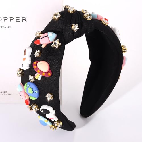 mokkia Space Astronaut Headbands for Women Saturn Planet Rocket Spaceman Headband Jeweled Rhinestone Star Knotted Headband Celestial Explorer Space Hair Accessories Gifts (Pattern A)