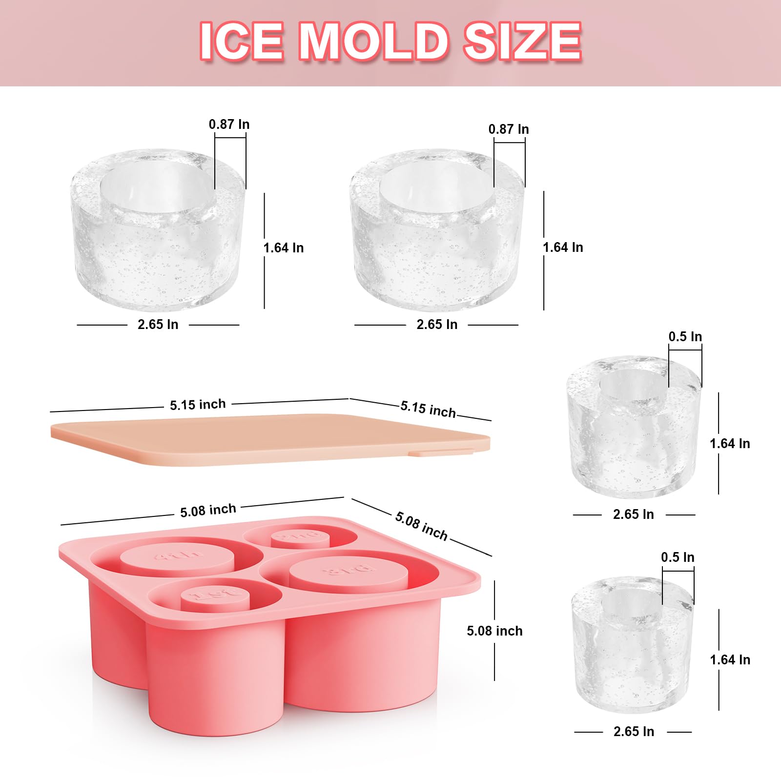 Ice Mold for Stanley Cup 40 oz 30 oz Tumbler, Silicone Ice Cube Tray with Lid for Freezer, Ice Drink, Juice, Whiskey, Cocktail, 4 Pcs Cylinder Ice Ring for Stanley Cup Accessories