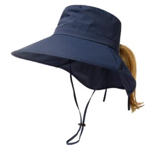 top-ex xl sun hats for women spf 50 wide brim summer hatsfor ladies waterproof gardening hiking hat with ponytail hole & neck cover packable adjustable medium navy blue