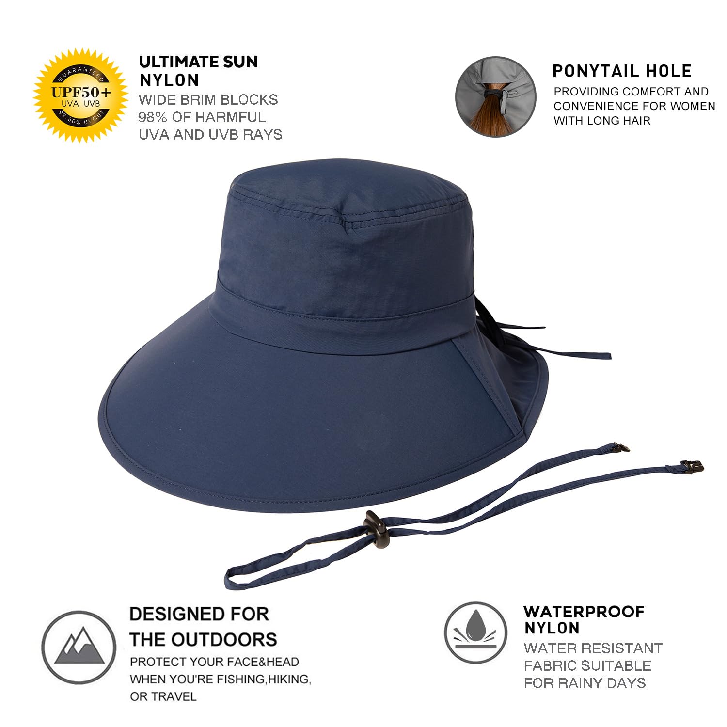 TOP-EX XL Sun Hats for Women SPF 50 Wide Brim Summer Hatsfor Ladies Waterproof Gardening Hiking Hat with Ponytail Hole & Neck Cover Packable Adjustable Medium Navy Blue