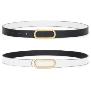 waist wow skinny belts for women thin reversible leather belt for dresses jeans pants with gold silver buckle,1 pack,black/white 43"