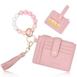 baosiwa silicone beaded bracelet keychain wallet pink wristlet credit card holder small rfid wallet bangle key ring for women with zipper pocket