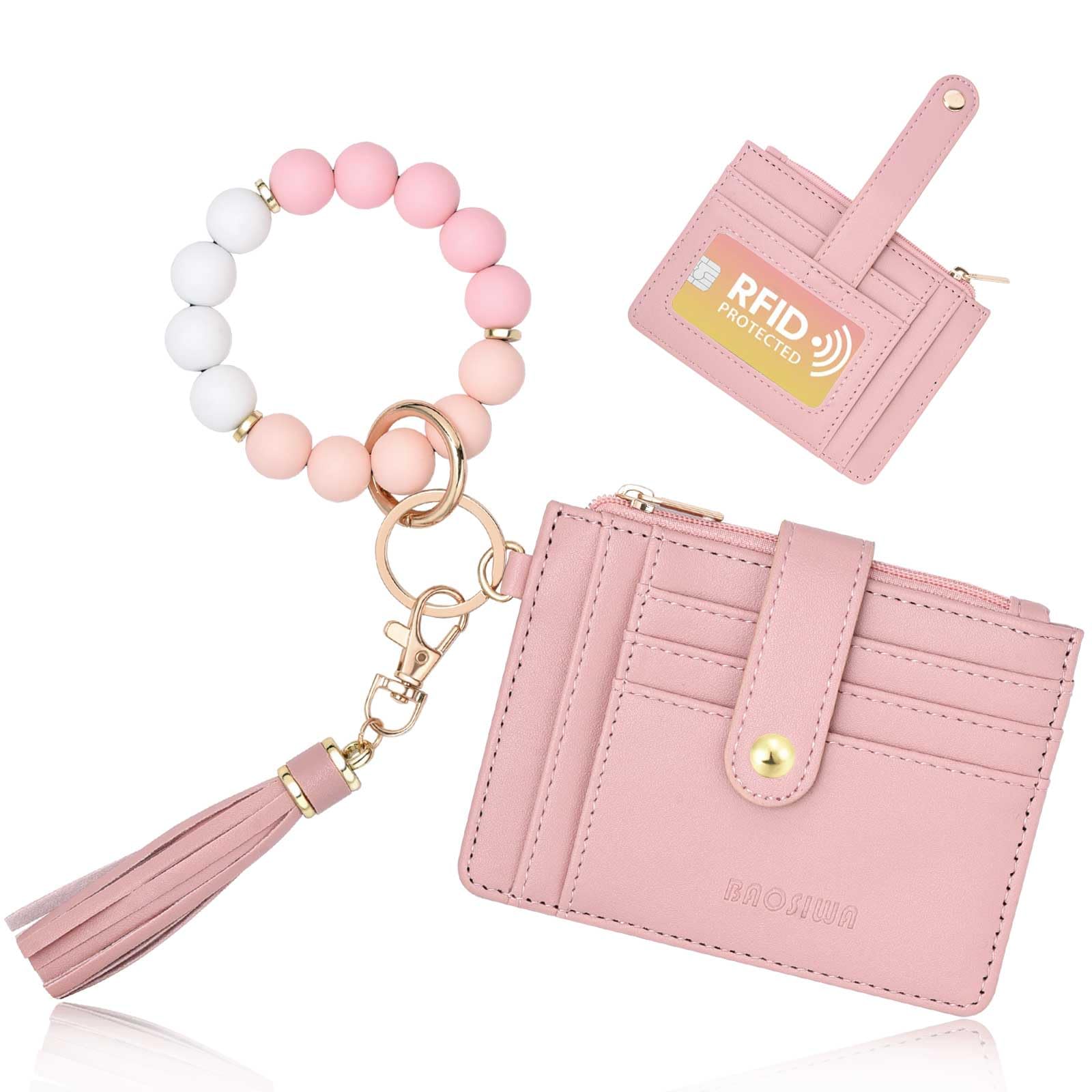 BAOSIWA Silicone Beaded Bracelet Keychain Wallet Pink Wristlet Credit Card Holder Small RFID Wallet Bangle Key Ring for Women with Zipper Pocket