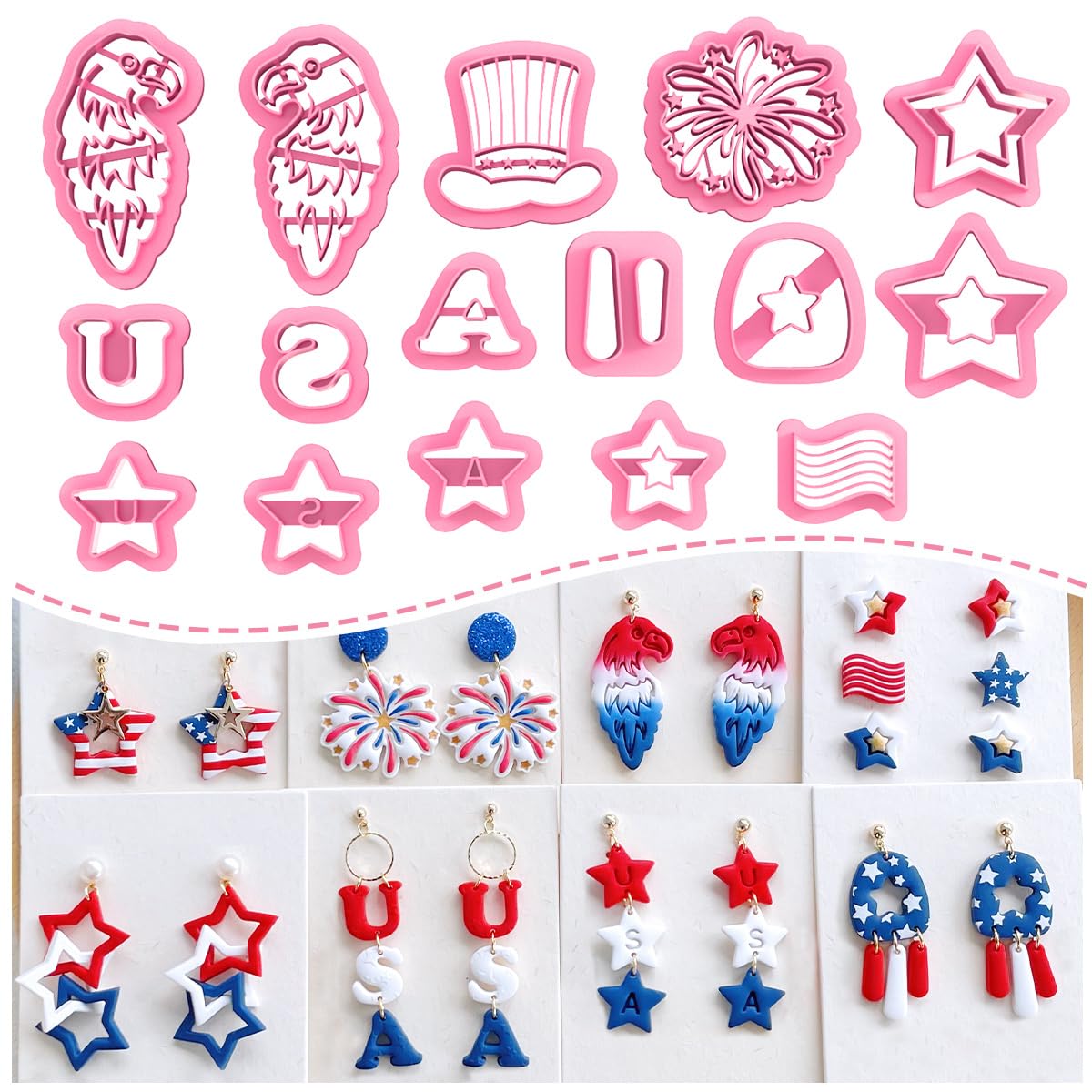 Keoker 4th of July Clay Cutters - 16 Pcs Fourth of July Polymer Clay Cutters, Independence Day Clay Earring Cutters, Stars Clay Cutters for Earrings, USA Letters Clay Cutters.