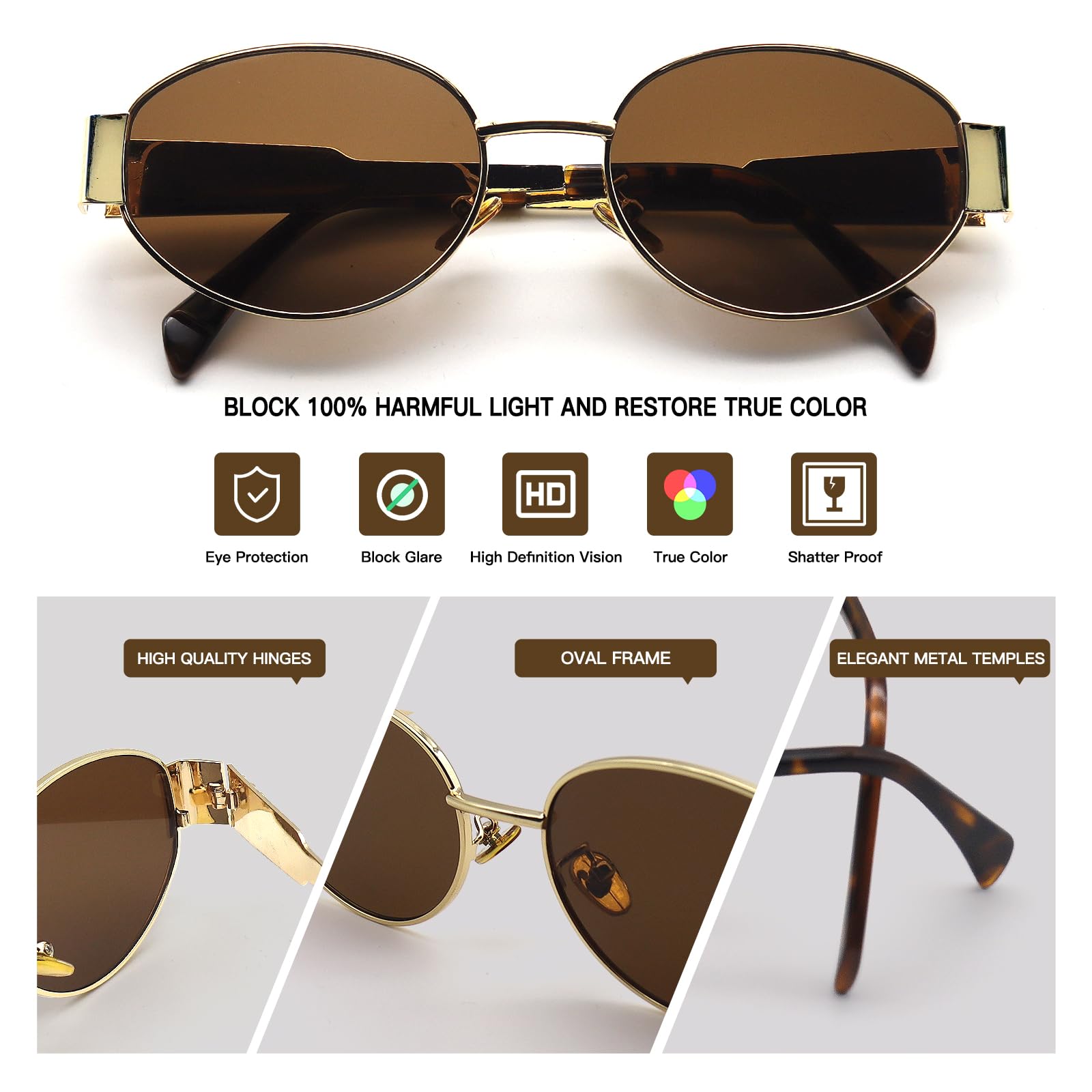 Generic Oval Sunglasses for Women Trendy Designer Sun Glasses for Small Face Retro Metal Frame Womens Shades, Medium, Gold-browm