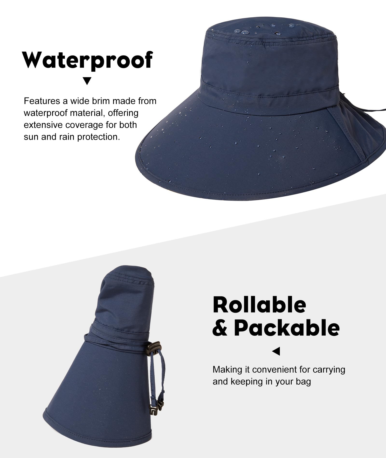 TOP-EX XL Sun Hats for Women SPF 50 Wide Brim Summer Hatsfor Ladies Waterproof Gardening Hiking Hat with Ponytail Hole & Neck Cover Packable Adjustable Medium Navy Blue