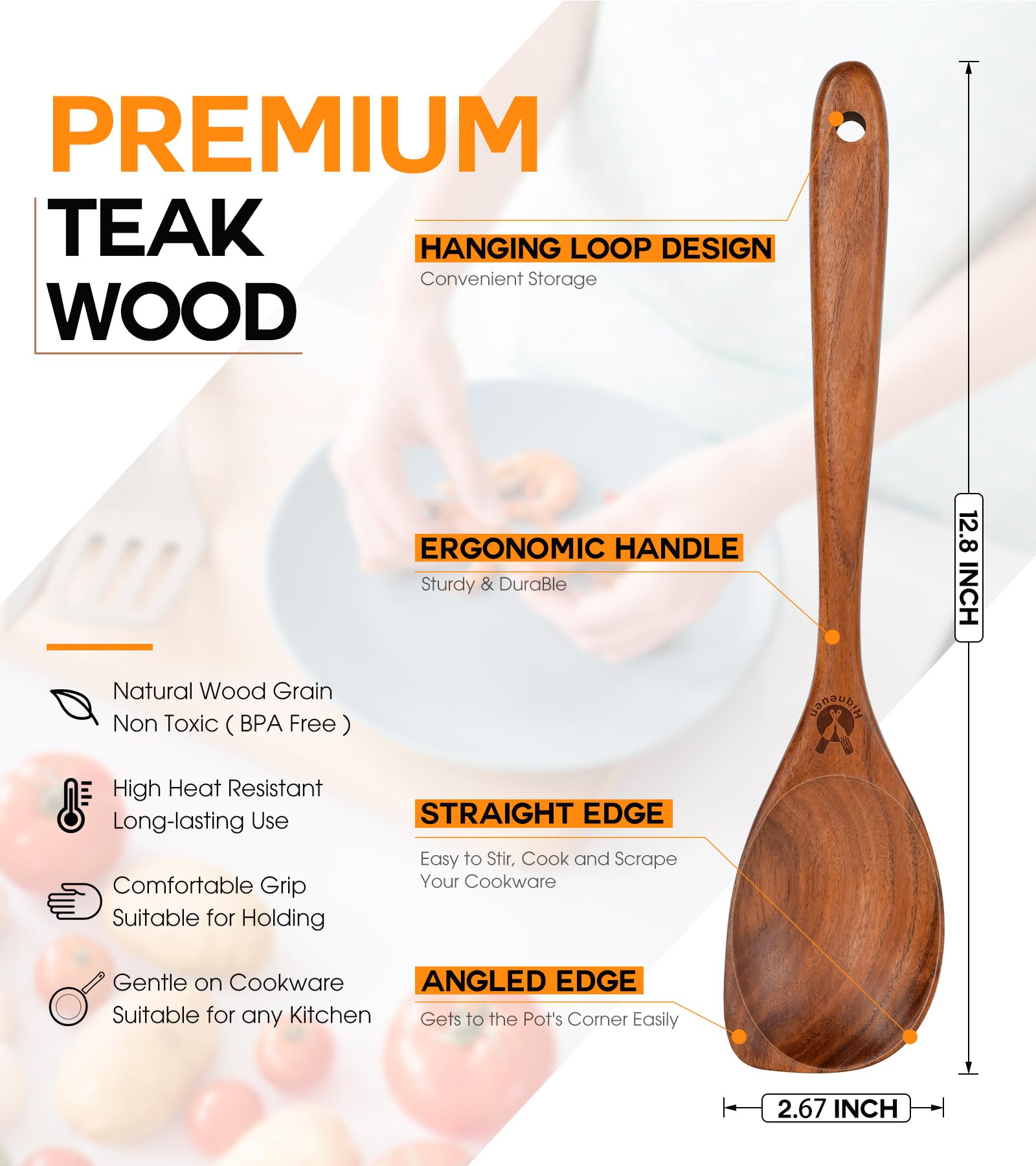 Wooden Spoons for Cooking, Natural Premium Teak Wood Corner Spoon, Good Grip Large Wooden Spoons and Wooden Spatula, Heat Resistant Wooden Cooking Utensils for Nonstick Cookware Cooking Gifts