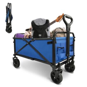 collapsible foldable wagon, beach cart large capacity, heavy duty folding wagon portable, for outdoor sports, shopping, camping, blue