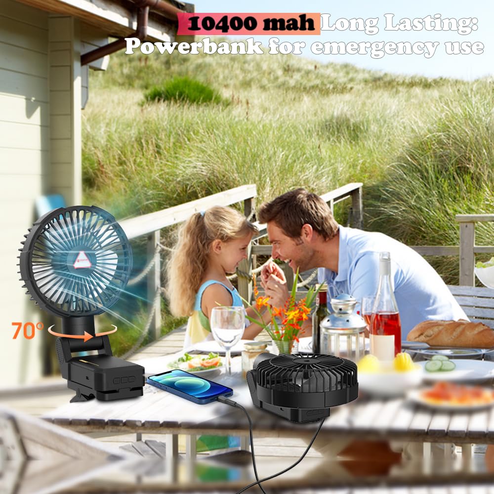 YUGYUM Golf Cart Fan Magnetic,Rechargeable Clip on Fan 10400mAh Portable Camping Fan Outdoor with Lights,Battery Operated,4 Speeds,70° Rotatable Personal USB Cooling Fan for Kitchen Camping Workshop