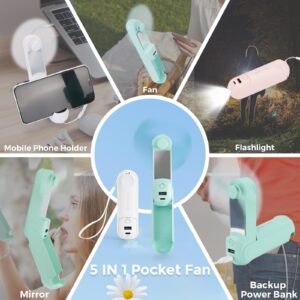 aderroo Handheld Portable Fan,5 In 1 Mini Fan,USB Rechargeable Pocket Small Fan [16-24 Working Hours],Power Bank,Flashlight,Mirror,Mobile Phone Holder,Outdoor,Travel,Summer,Gifts For Women (White)