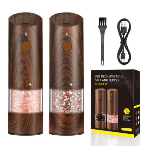 electric salt and pepper grinder set - automatic pepper and salt grinder refillable with 6 adjustable coarseness adjustable ceramic core with led light rechargeable pepper grinder-2 pack wood grain