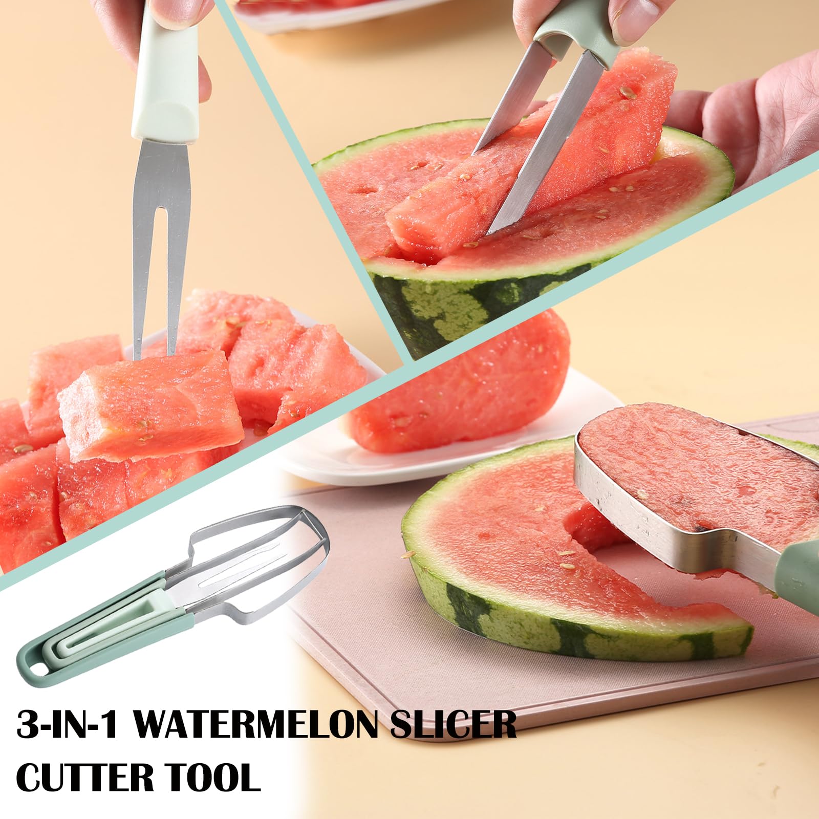 FMOYSIEN Watermelon Cutter Slicer Tool,3-in-1 Stainless Steel Watermelon Cutter Watermelon Popsicle Cutter Watermelon Fork Fruit Cutting Tool for Kitchen Utility Gadgets