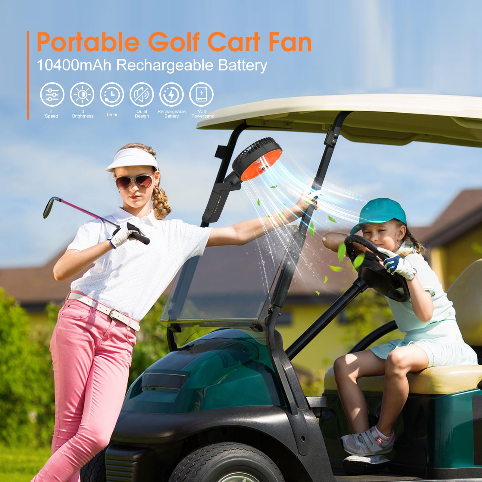 Ronyila Golf Cart Fan Portable Rechargeable Magnetic Fan for Workshop, 10400mAh Outdoor Camping Tent Fan, Clip on Fan Battery Operated USB Desk Fan with Lights,4 Speeds,70°Rotation