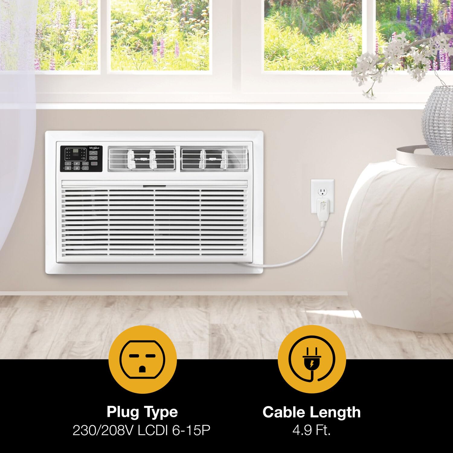 Whirlpool 14,000 BTU Through the Wall Air Conditioner, 230V, Cools up to 700 Sq. Ft for Living Room, Bedroom, Kitchen, Apartment, with Dehumidifier, Remote Control, Digital Display, 24H Timer, White