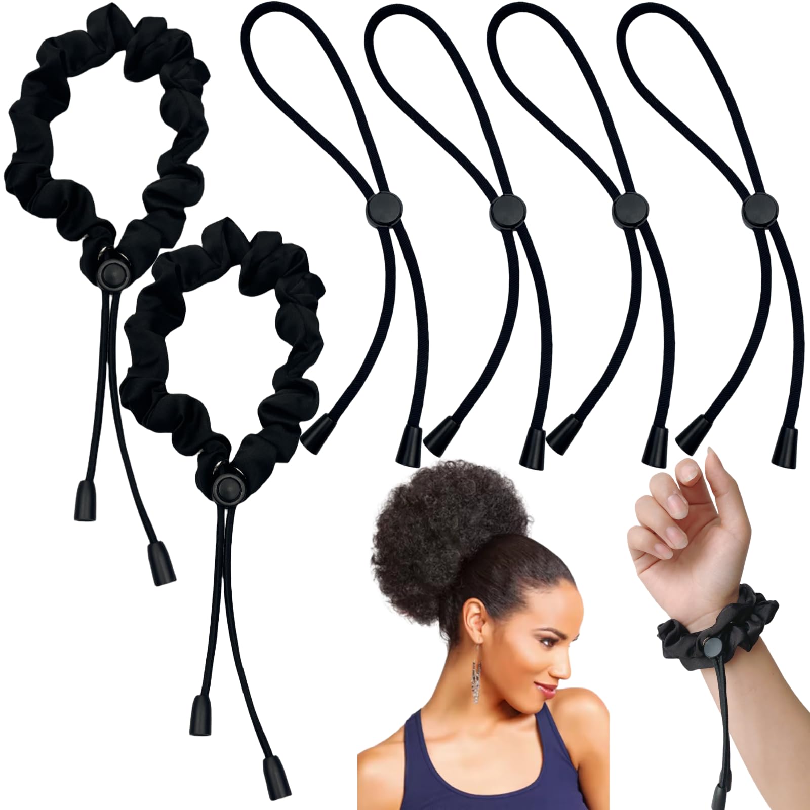 6 Pcs Black Large Adjustable Length Satin Hair Ties for Afro Puff, Heavy and Curly Hair, Silk Soft Ponytail Holders - Perfect for Medium to Thick Hair (deep black)