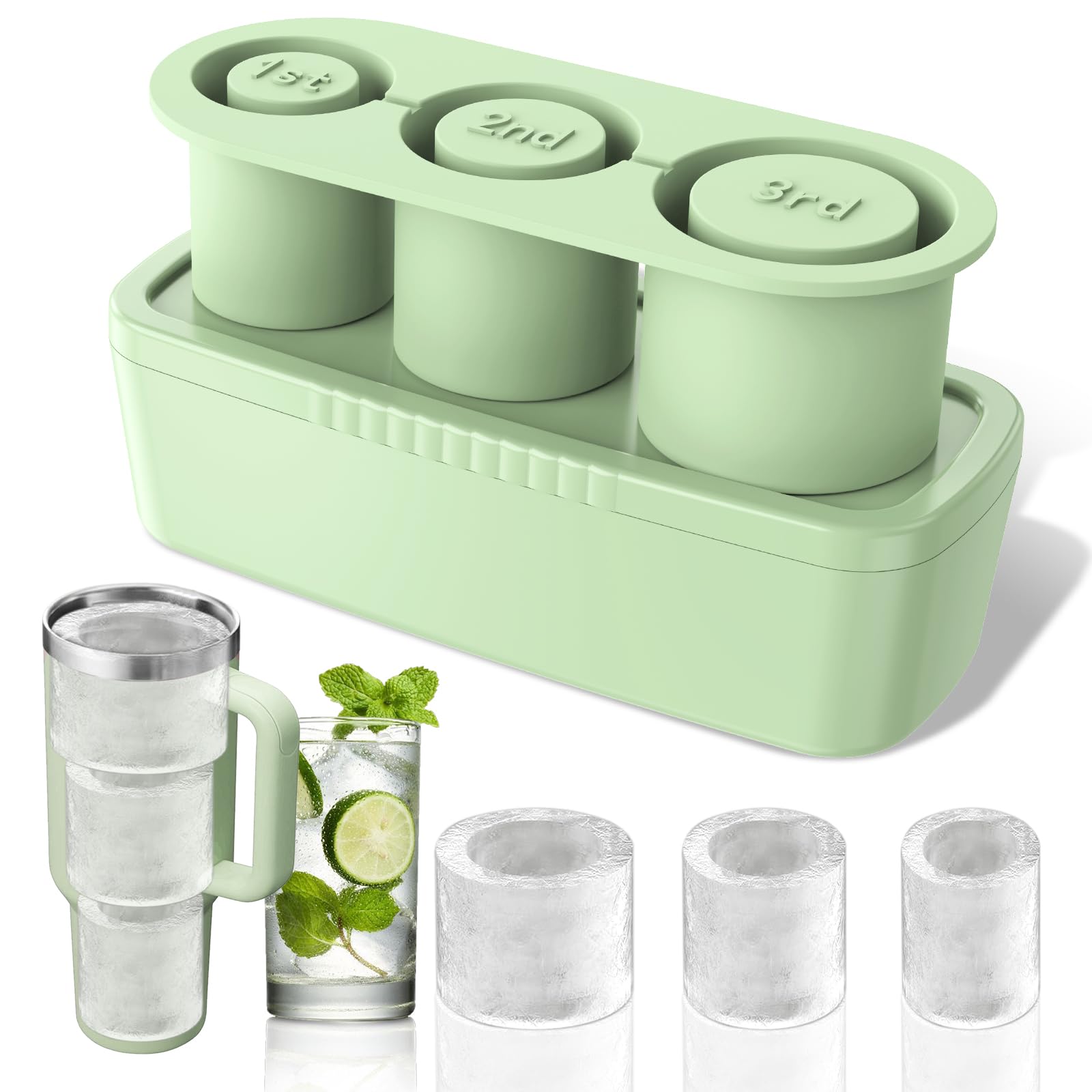 sheheme for Stanley Ice Mold,Silicone Ice Cube Tray for Stanley Cup 40 oz,Reusable Tumbler Ice Cube Mold With Lid and Bin for Ice Drink,Mix Juice,Whiskey,Cocktail.BPA Free Ice Cubes Maker (Green)