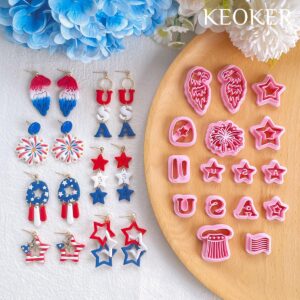 Keoker 4th of July Clay Cutters - 16 Pcs Fourth of July Polymer Clay Cutters, Independence Day Clay Earring Cutters, Stars Clay Cutters for Earrings, USA Letters Clay Cutters.