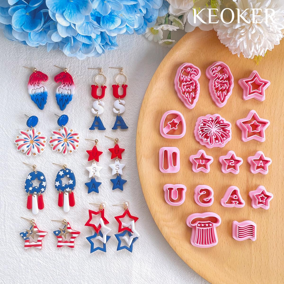 Keoker 4th of July Clay Cutters - 16 Pcs Fourth of July Polymer Clay Cutters, Independence Day Clay Earring Cutters, Stars Clay Cutters for Earrings, USA Letters Clay Cutters.