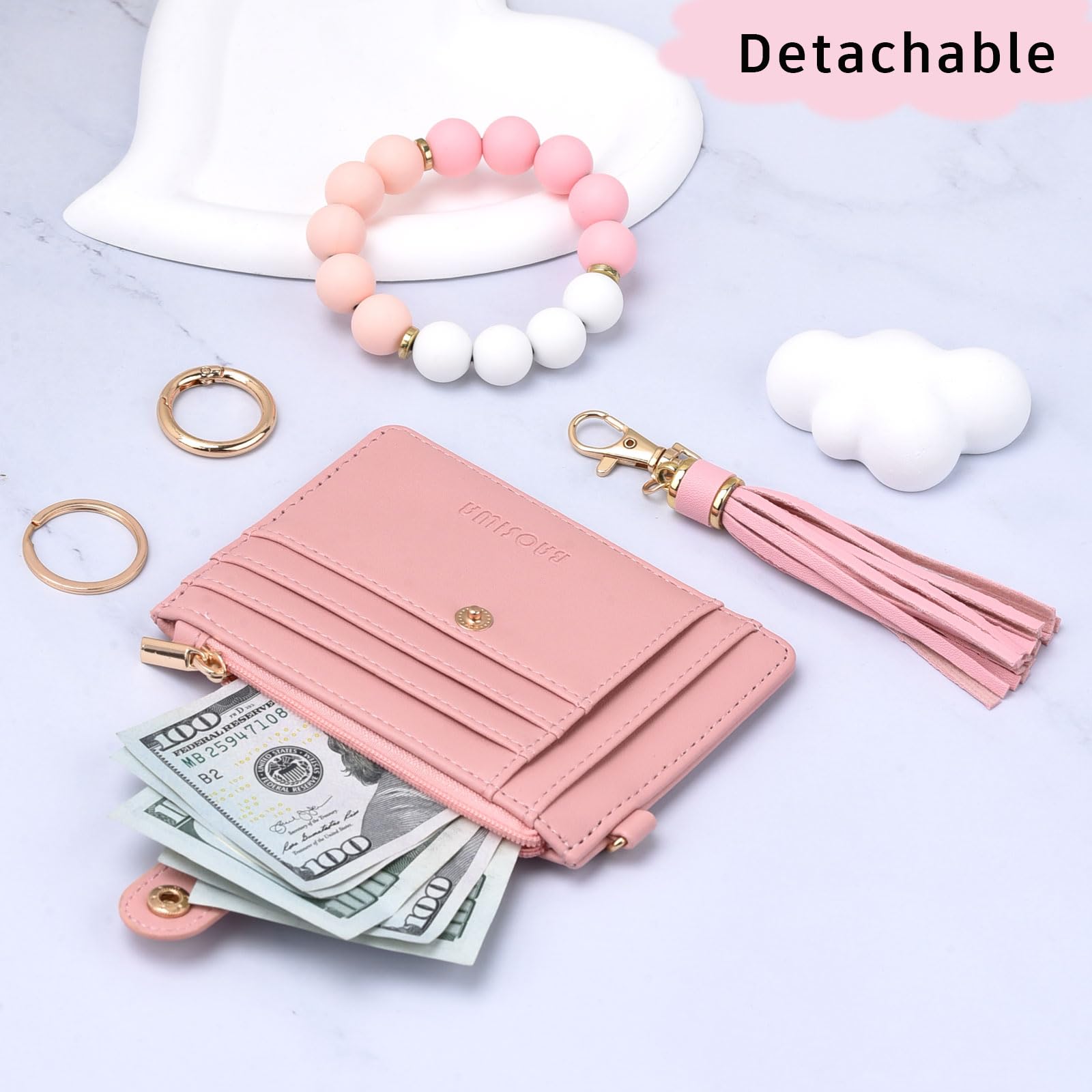 BAOSIWA Silicone Beaded Bracelet Keychain Wallet Pink Wristlet Credit Card Holder Small RFID Wallet Bangle Key Ring for Women with Zipper Pocket