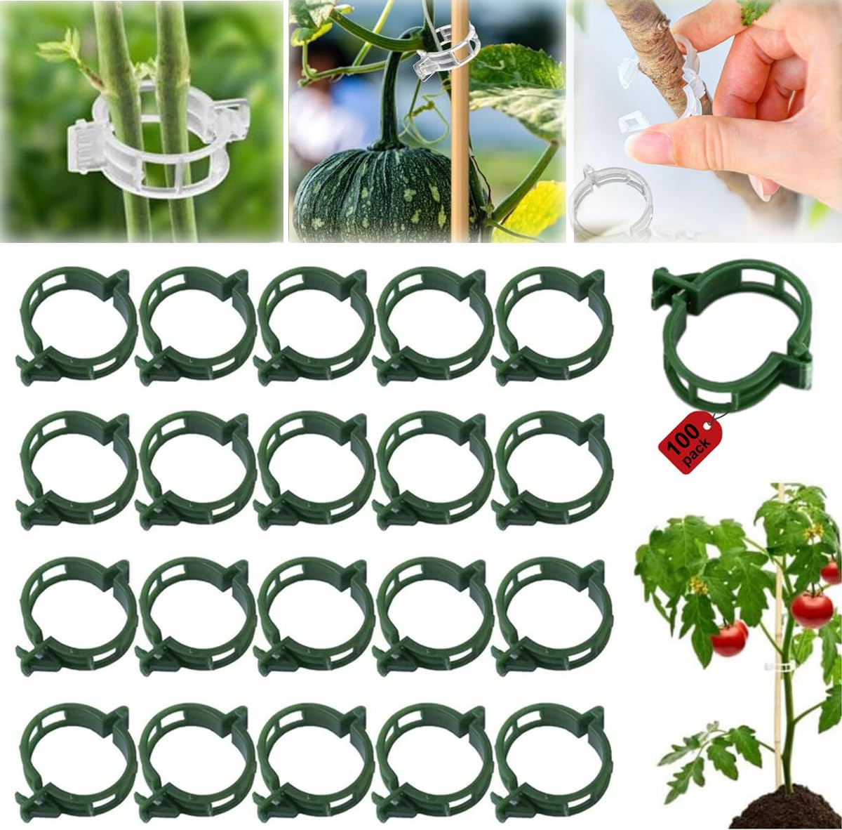 Secured Plastic Plant Clips, 2024 Combinable Plant Support Clips, Plastic Trellis Clips for Climbing Plants, Vine Vegetables Fixing Clips, Plant Clips for Tomato Trellis & Peony Cages (Green, 100pcs)