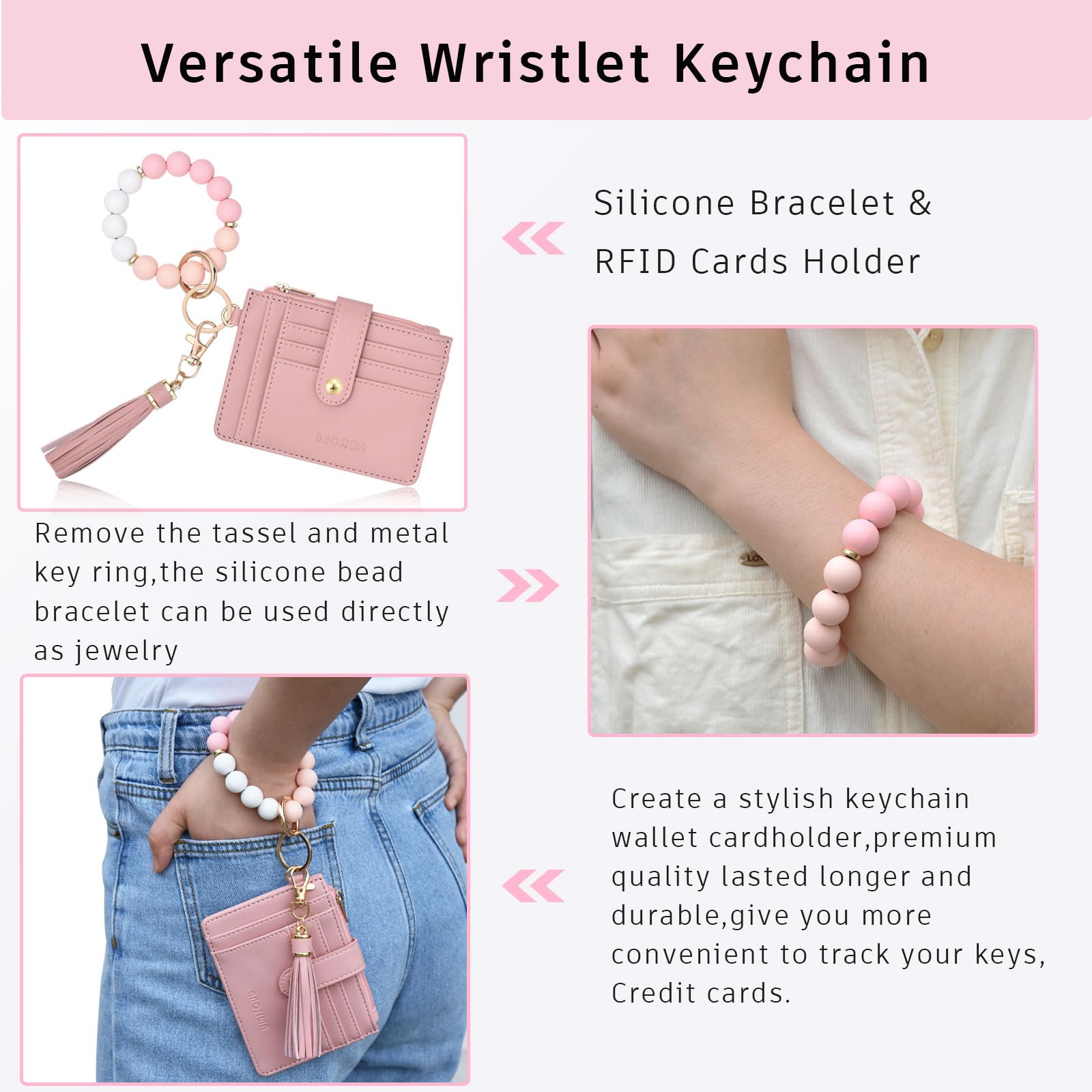 BAOSIWA Silicone Beaded Bracelet Keychain Wallet Pink Wristlet Credit Card Holder Small RFID Wallet Bangle Key Ring for Women with Zipper Pocket