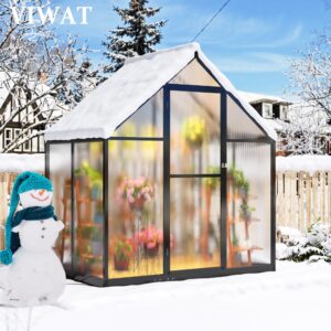 VIWAT 4x6 FT Greenhouse for Outdoors, Polycarbonate Greenhouse with Quick Setup Structure and Roof Vent, Aluminum Large Walk-in Greenhouse for Outside Garden Backyard, Black