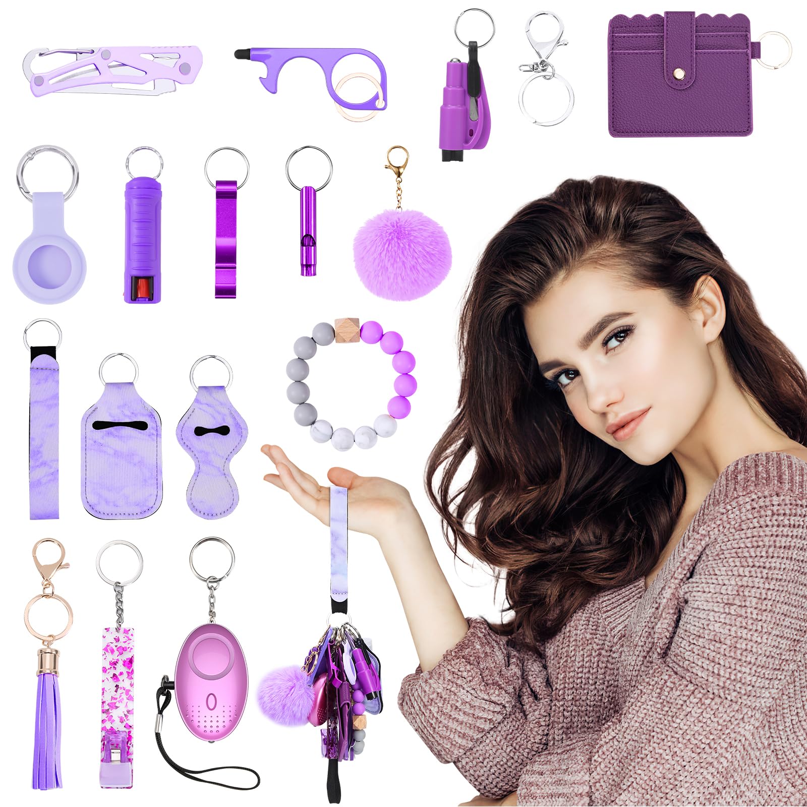 Ankilo Newest Newest Safety Keychain Set for Women, Safety Keychain Accessories, Bracelet Wristlet Keyring for Girls with Personal Alarm, No Touch Door Opener, Whistle and Pompom (Purple)