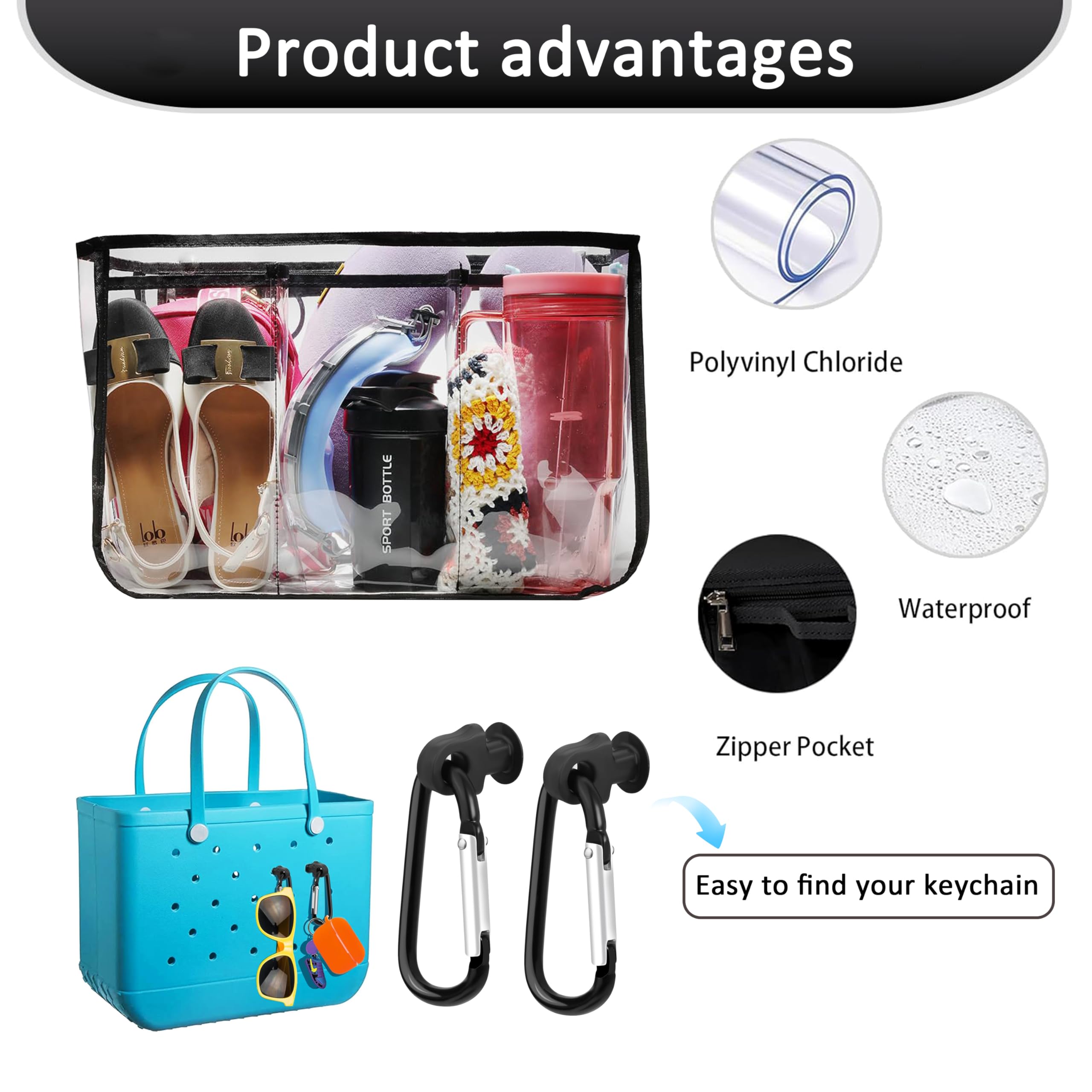 LAEKOU Beach Bag Organizer Designed for Bogg Bag Accessories X Large Divider, 2PCS Key Insert Charm Holder Designed for Bogg Bag, Transparent & Black