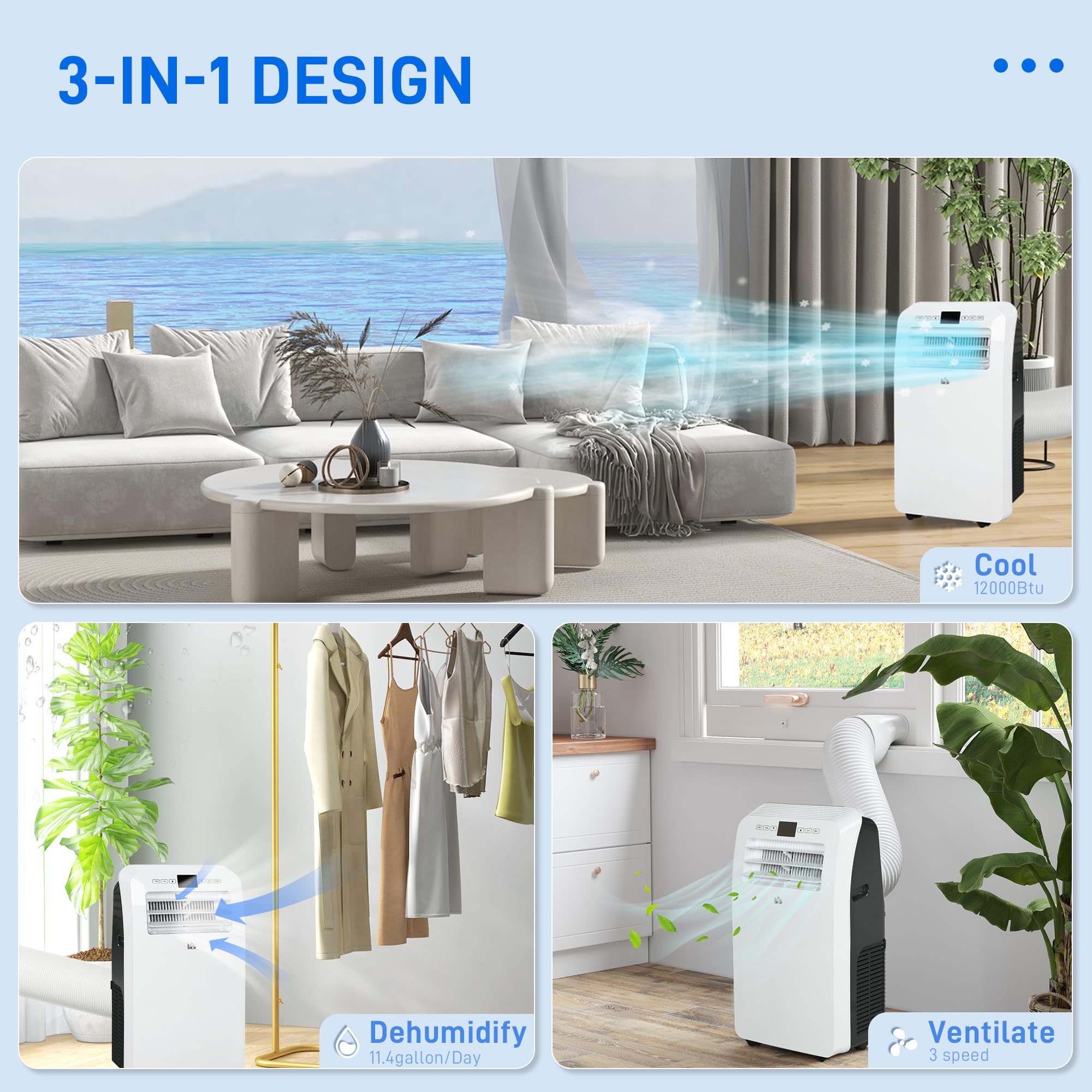 HOMCOM 12000 BTU Portable Air Conditioner for Rooms Up to 550 Sq. Ft., 3-in-1 AC Unit with Dehumidifier, Cooling Fan, Remote, 24H Timer On/Off, Window Installation Kit